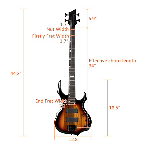 Ktaxon Electric Bass Guitar Full Size Flame Design Bass Set with 20 Watt Amplifier, Portable Bass Bag, Superior Amp Wire, Adjustable Guitar Strap, Plectrum, Wrench Tool(Sunset)