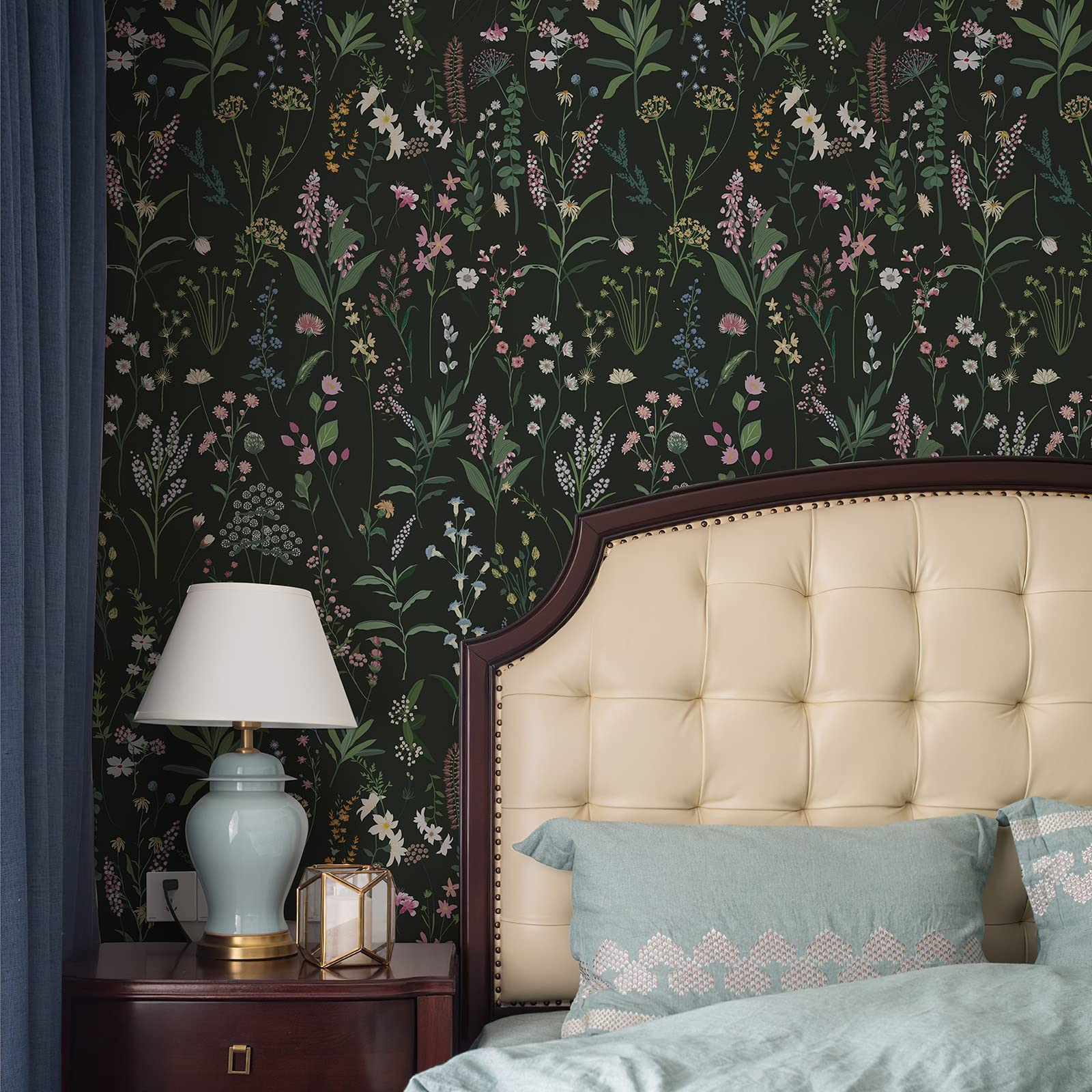 JiffDiff Floral Wallpaper Peel and Stick 118" x 17.3" Farm Floral Wildwood Stick onWall Paper Dark Self Adhesive Contact Paper Coverage 14.2 sq.ft