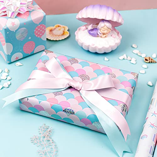WRAPAHOLIC Wrapping Paper Roll - Mini Roll - 3 Rolls - 17 Inch X 120 Inch Per Roll - Mermaid Scale and Jellyfish Design with Colorful Foil for Birthday, Holiday, Baby Shower