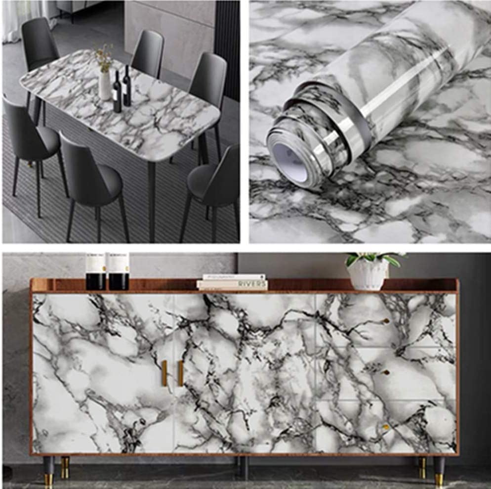 Yancorp 16"x394" White and Black Contact Paper Easily Removable Countertops Black and White Marble Wallpaper Self-Adhesive Peel and Stick Backsplash Vinyl Kitchen(White Black, 11.8"x120")