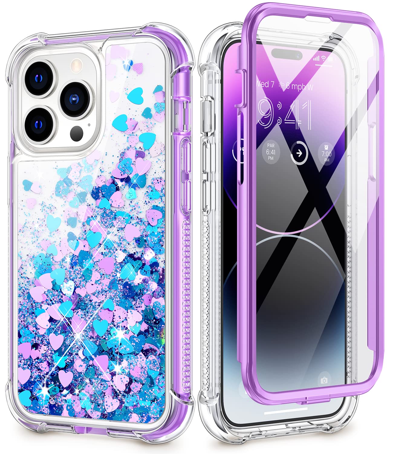 Caka for iPhone 14 Pro Max Case Glitter for Girls Women with Built-in Screen Protector Liquid Quicksand Protective Shockproof Full Body Phone Case for iPhone 14 Pro Max 6.7’’ Blue Purple
