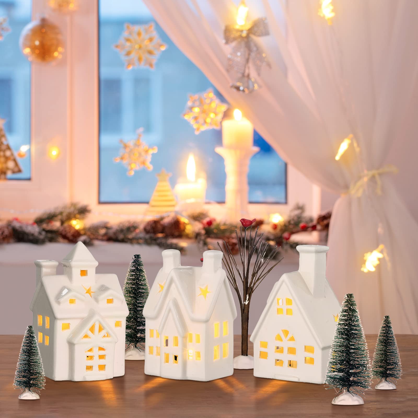 9 Piece Miniature Christmas Village with LED Lit Porcelain Houses, Figurines, Trees, Fences and Accessories