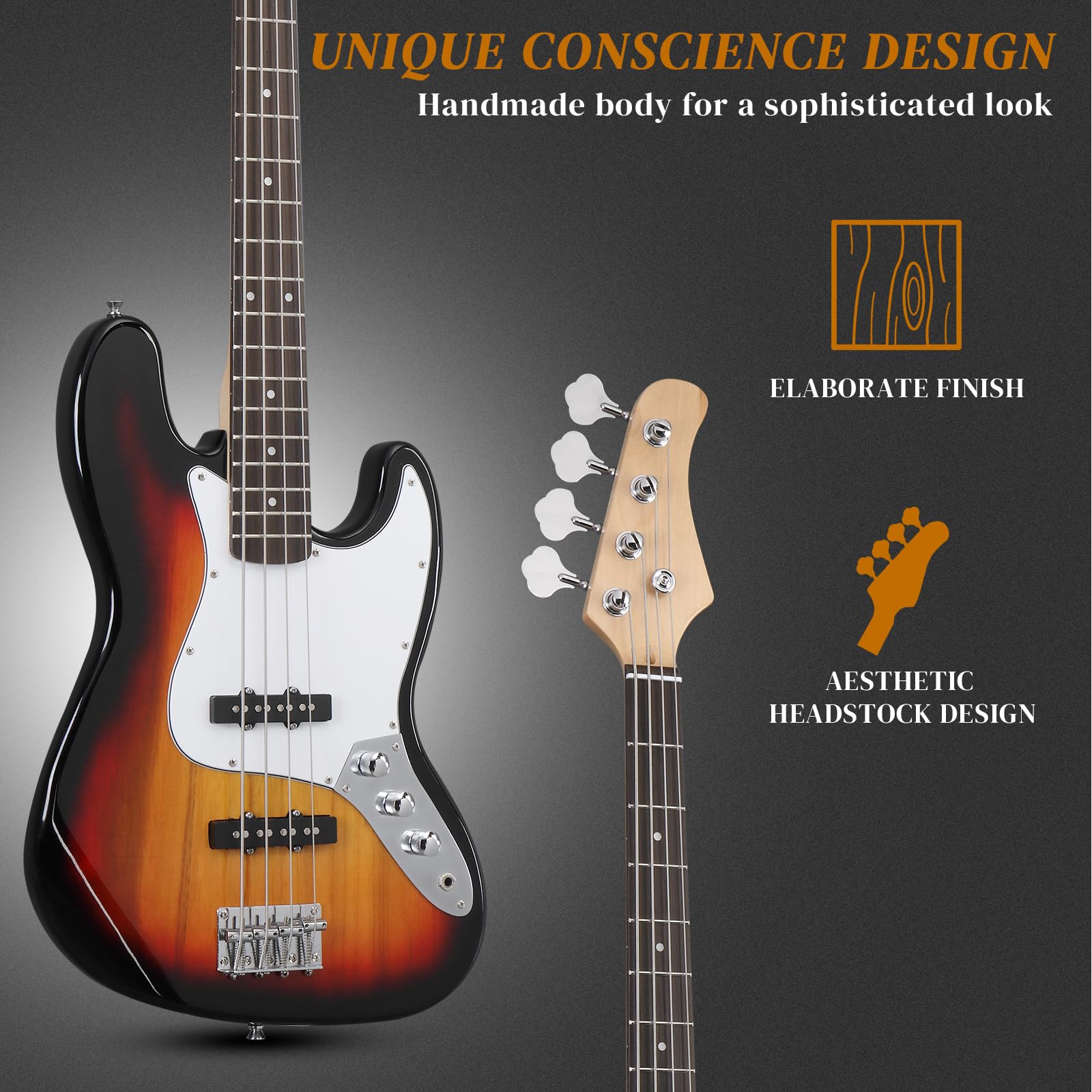 Ktaxon Electric Bass Guitar with 20Watt Amplifier, 4 String Right Handed Electric Bass Kit for Beginner & Professionals W/a Bag, Shoulder Strap, Guitar Pick, Wrench Tool(Brown Sunburst)