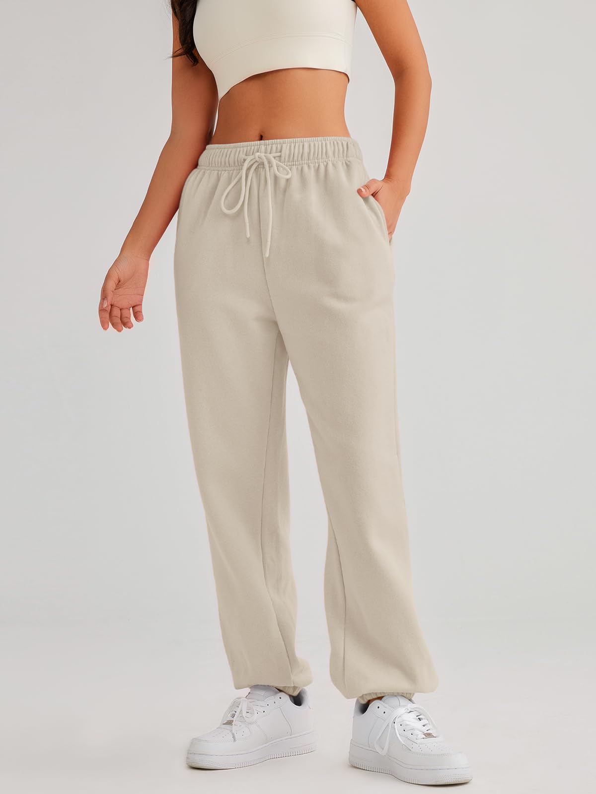 AUTOMET Womens Sweatpants Fleece Lined Fall Outfits Baggy High Waisted Straight Leg Sweat Pants 2024 Drawstring Winter Burnt Casual Athletic Lounge Joggers Beige S