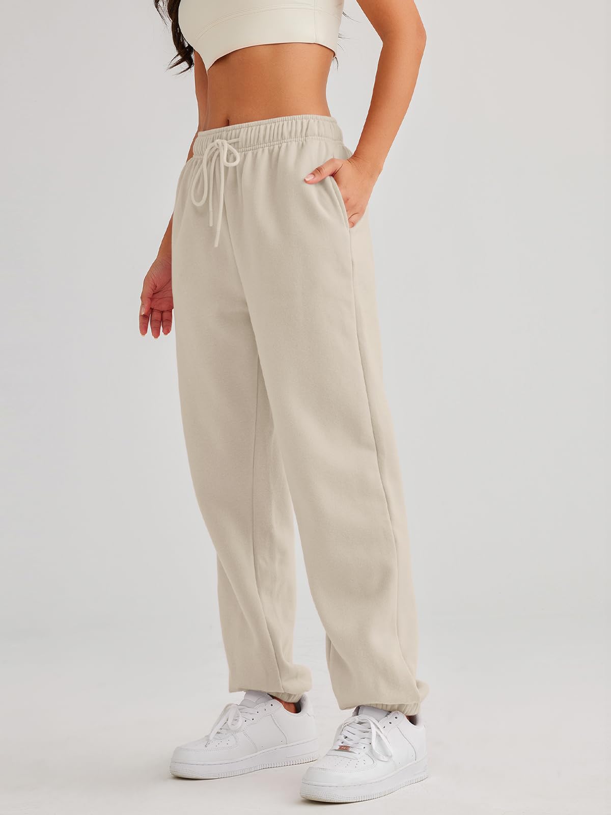 AUTOMET Womens Sweatpants Fleece Lined Fall Outfits Baggy High Waisted Straight Leg Sweat Pants 2024 Drawstring Winter Burnt Casual Athletic Lounge Joggers Beige S