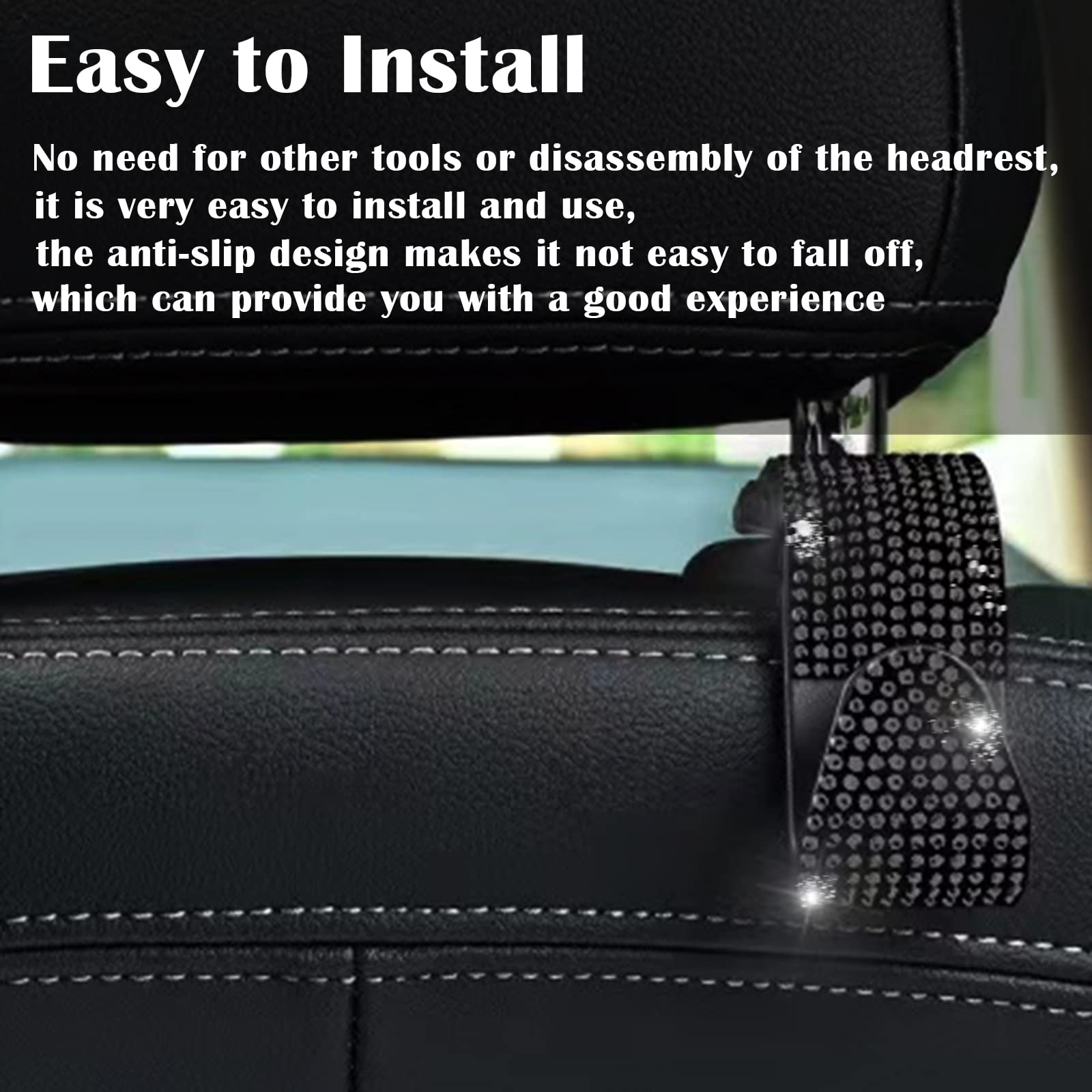 OSIFIT 2PCS Car Seat Hooks - Bling Rhinestone Headrest Hooks with Universal Design - Perfect for Holding Handbags, Clothes, Purses, and Water Bottles - Black