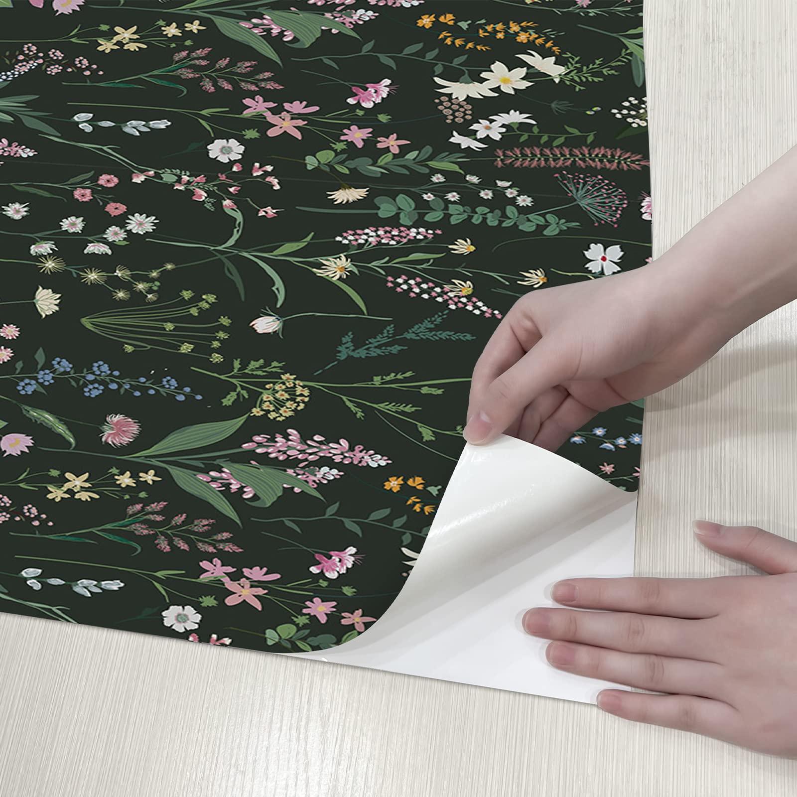JiffDiff Floral Wallpaper Peel and Stick 118" x 17.3" Farm Floral Wildwood Stick onWall Paper Dark Self Adhesive Contact Paper Coverage 14.2 sq.ft