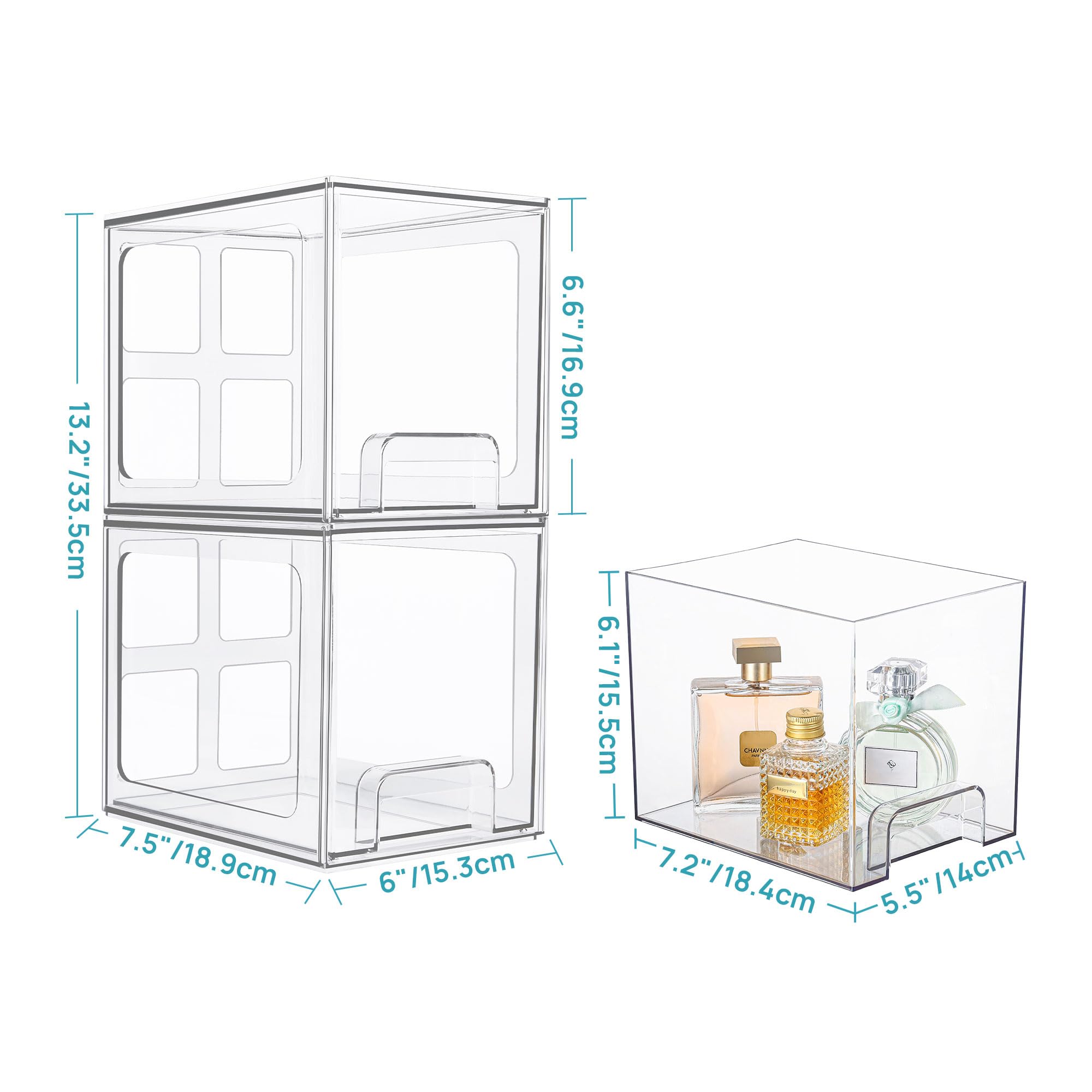 Vtopmart 2 Pack Stackable Storage Drawers, 6.6''Tall Acrylic Bathroom Makeup Organizers,Clear Plastic Storage Bins For Vanity, Undersink, Kitchen Cabinet,Pantry Organization and Storage