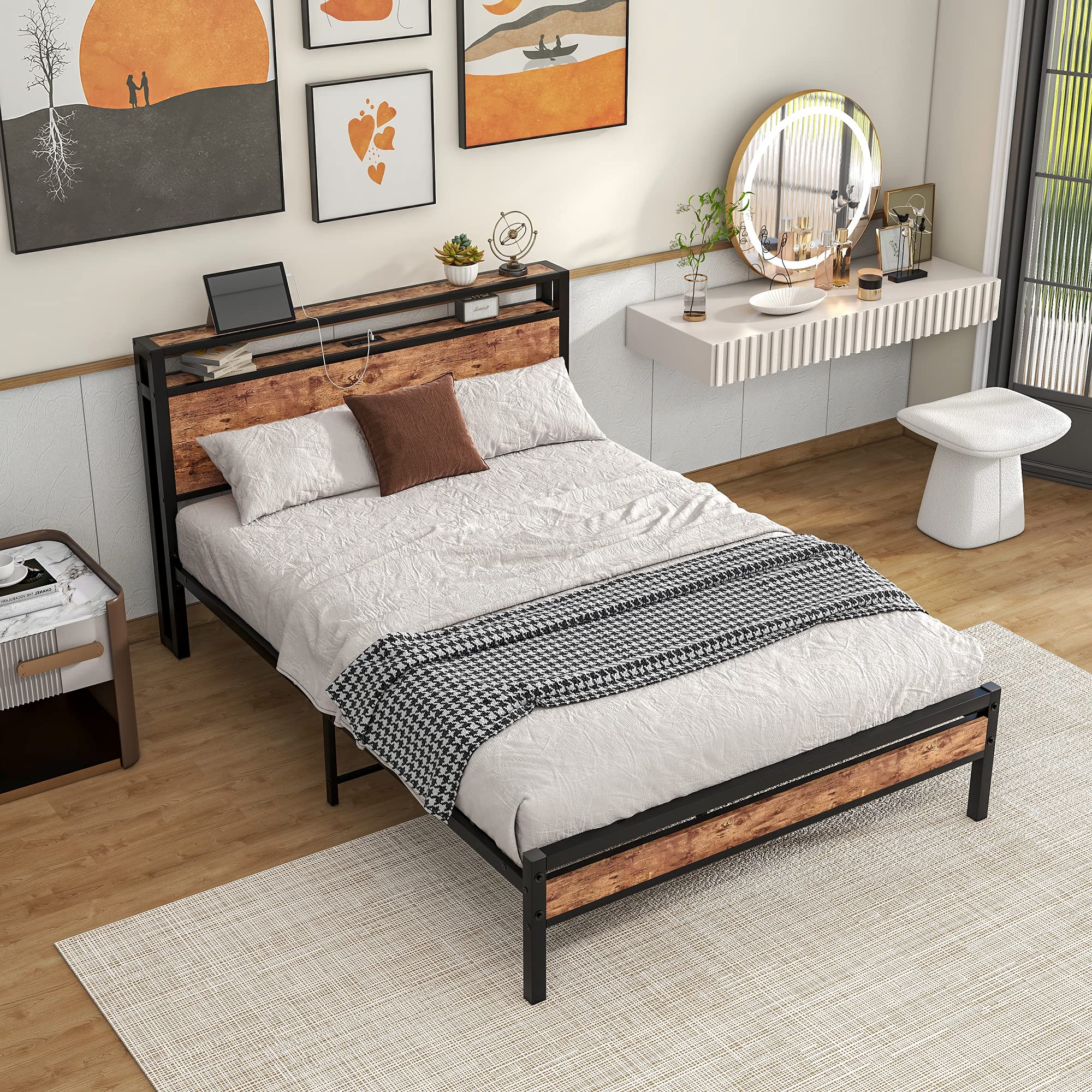 HOJINLINERO Full Size Bed Frame with Storage Headboard/USB Charging Station,Metal Platform Bed Frame Full Size No Box Spring Needed,Noise-Free,Strong Steel Slats Support,Rustic Brown