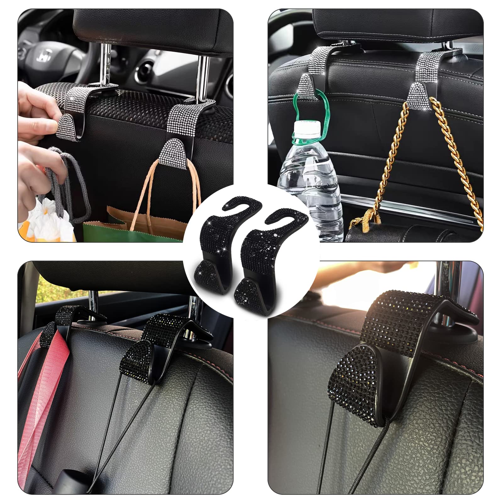 OSIFIT 2PCS Car Seat Hooks - Bling Rhinestone Headrest Hooks with Universal Design - Perfect for Holding Handbags, Clothes, Purses, and Water Bottles - Black