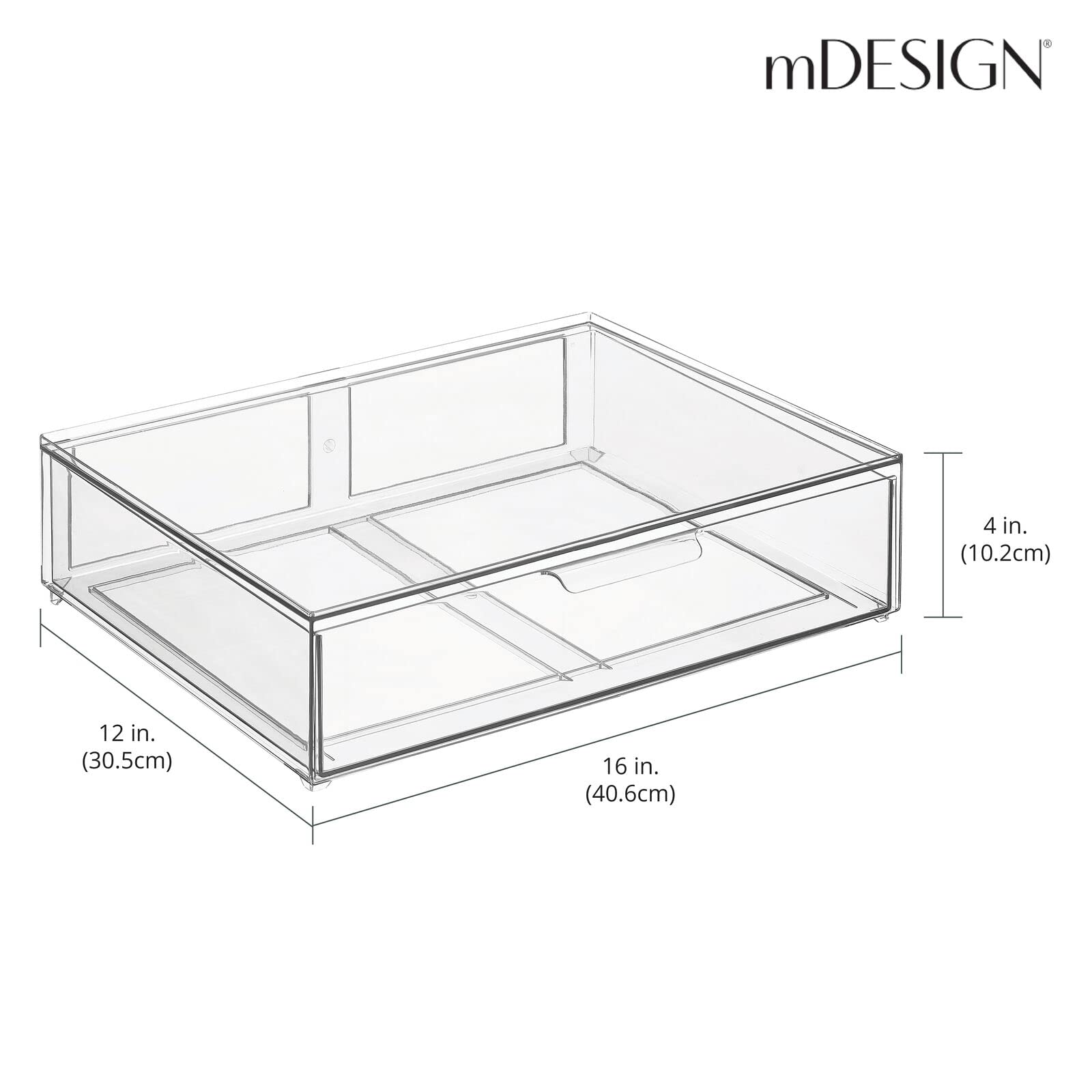 mDesign Wide Plastic Stackable Bathroom Storage Organizer Bin with Pull Out Drawer for Cabinet, Vanity, Shelf, Cupboard, Cabinet, Countertop, or Closet Organization - Lumiere Collection - Clear