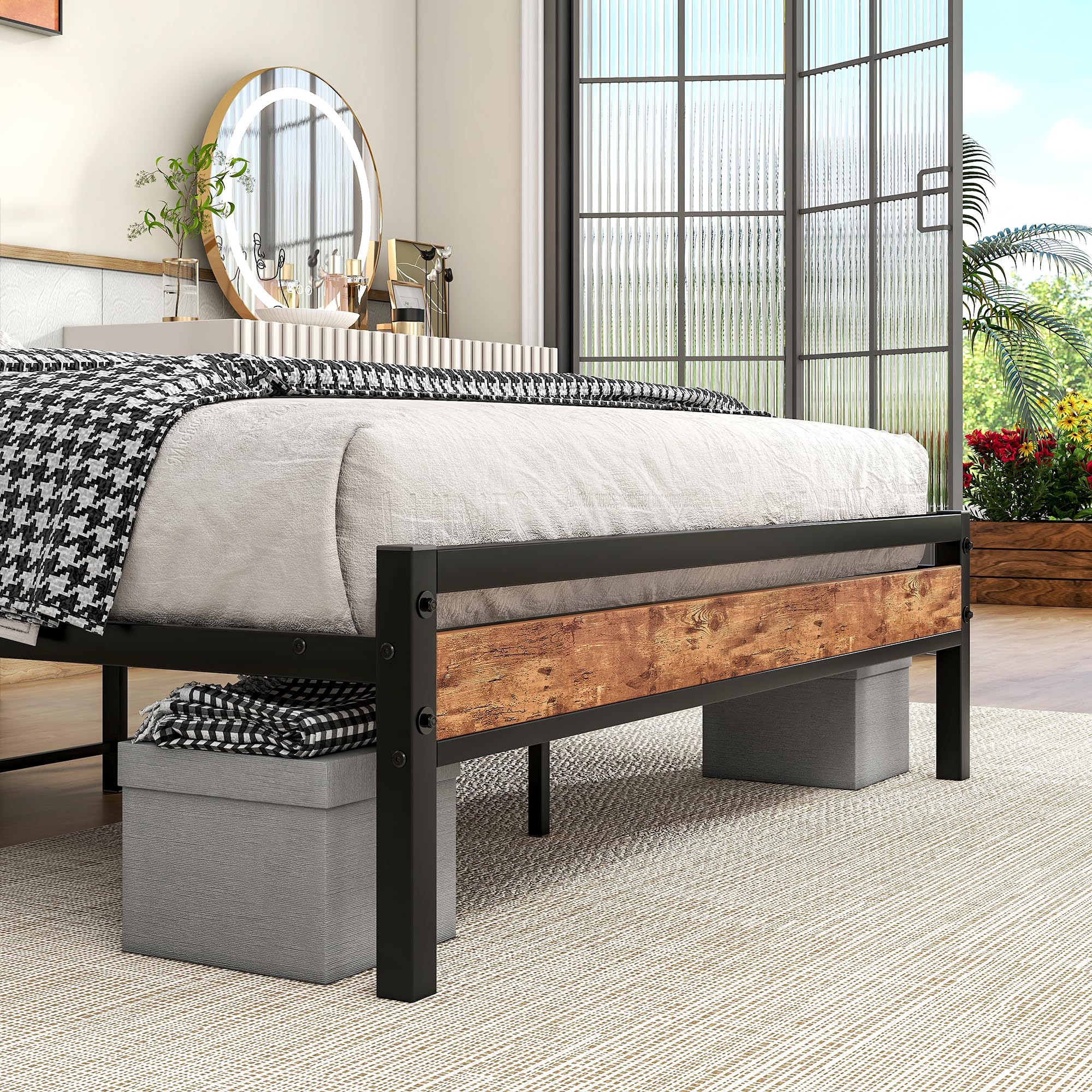 HOJINLINERO Full Size Bed Frame with Storage Headboard/USB Charging Station,Metal Platform Bed Frame Full Size No Box Spring Needed,Noise-Free,Strong Steel Slats Support,Rustic Brown