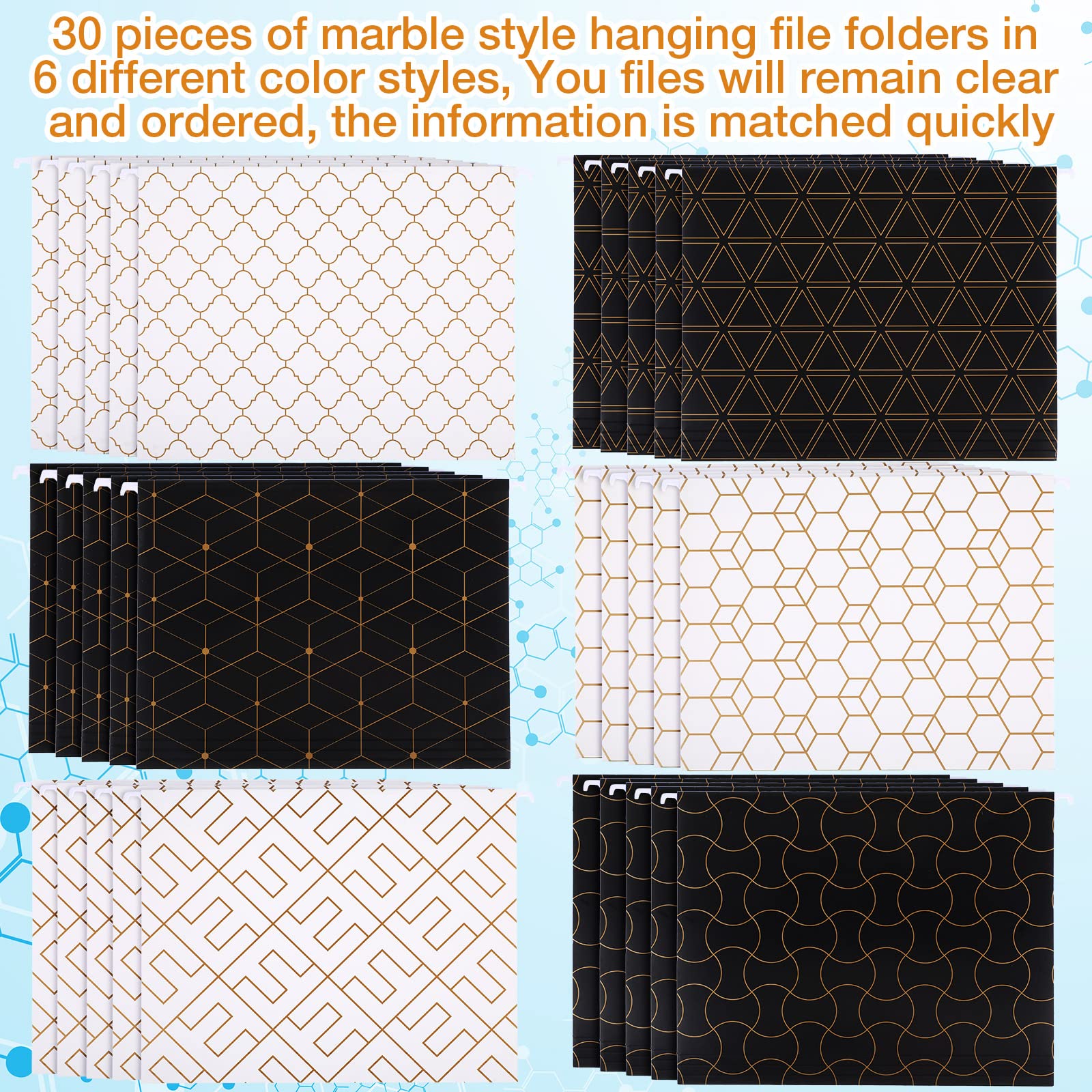 Supervitae 30 Pcs Hanging File Folders for Filing Cabinet Letter Size File Folders Geometric Aesthetic Marble File Cabinet Organizer Decorative File Folders for Office Classroom Supplies, 6 Styles
