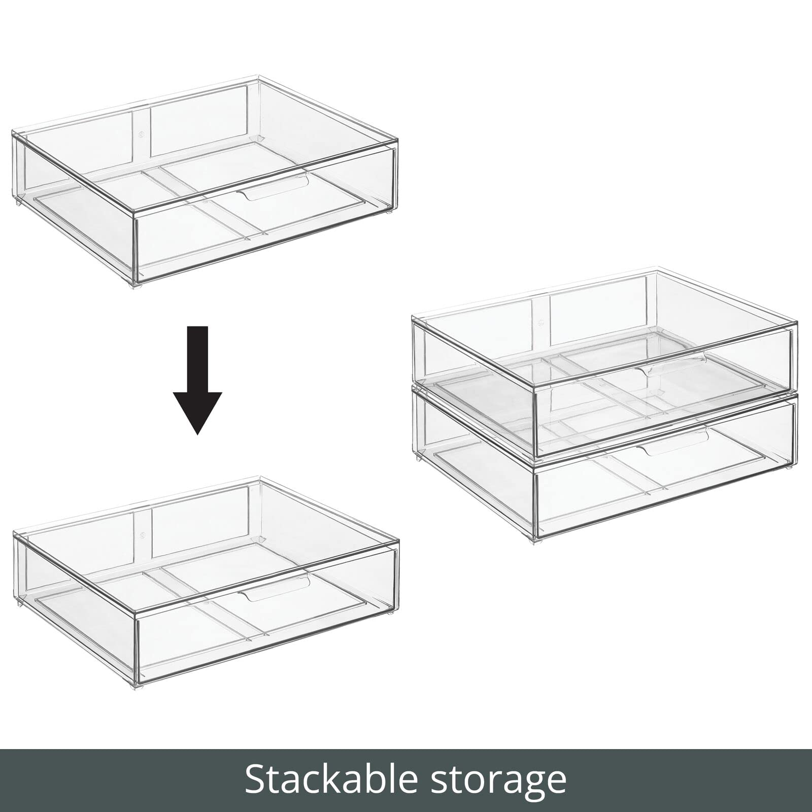 mDesign Wide Plastic Stackable Bathroom Storage Organizer Bin with Pull Out Drawer for Cabinet, Vanity, Shelf, Cupboard, Cabinet, Countertop, or Closet Organization - Lumiere Collection - Clear