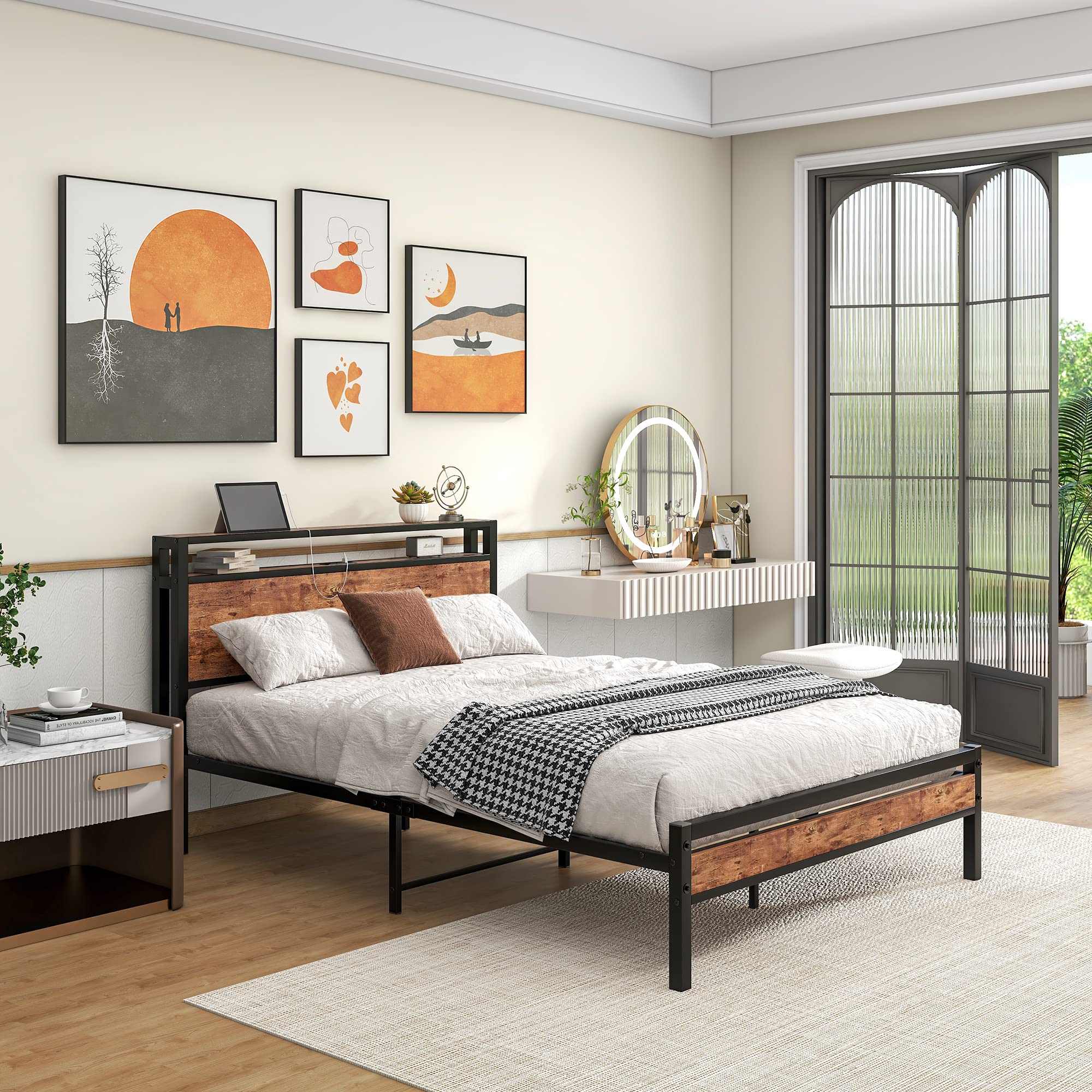 HOJINLINERO Full Size Bed Frame with Storage Headboard/USB Charging Station,Metal Platform Bed Frame Full Size No Box Spring Needed,Noise-Free,Strong Steel Slats Support,Rustic Brown