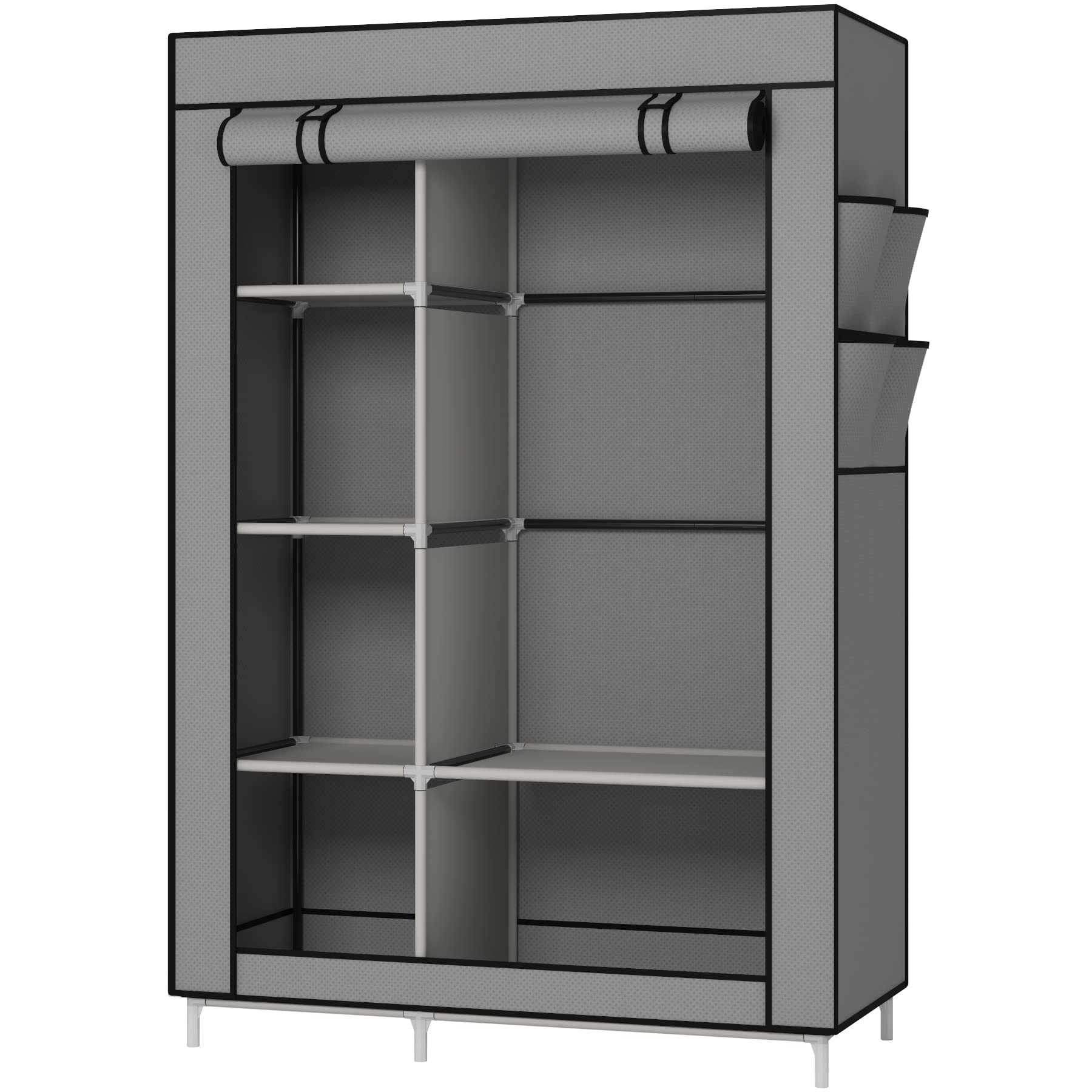 Calmootey Closet Storage Organizer,Portable Wardrobe with 6 Shelves and Clothes Rod,Non-Woven Fabric Cover with 4 Side Pockets,Grey