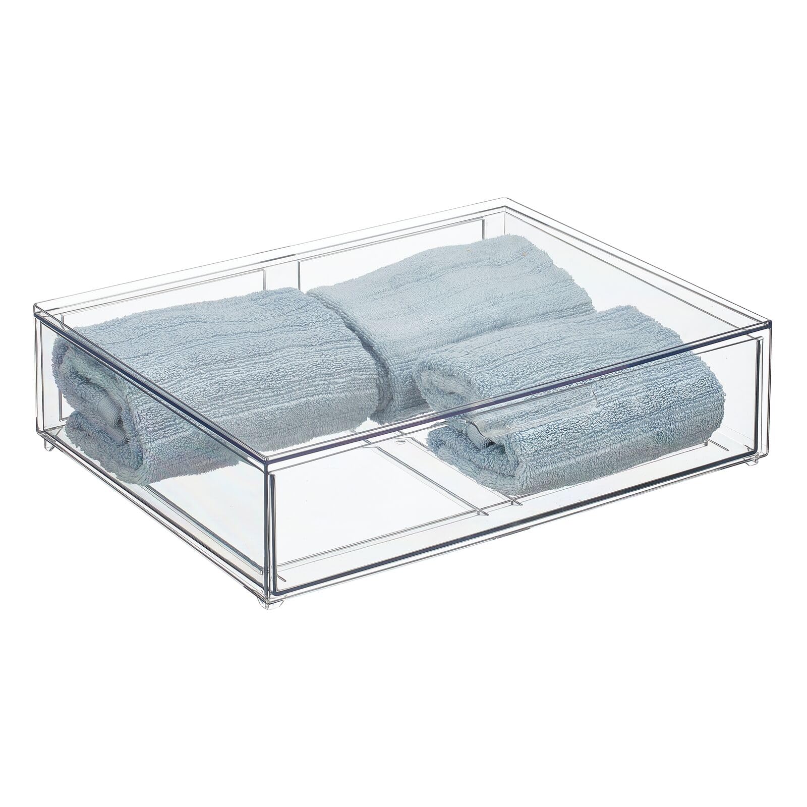 mDesign Wide Plastic Stackable Bathroom Storage Organizer Bin with Pull Out Drawer for Cabinet, Vanity, Shelf, Cupboard, Cabinet, Countertop, or Closet Organization - Lumiere Collection - Clear