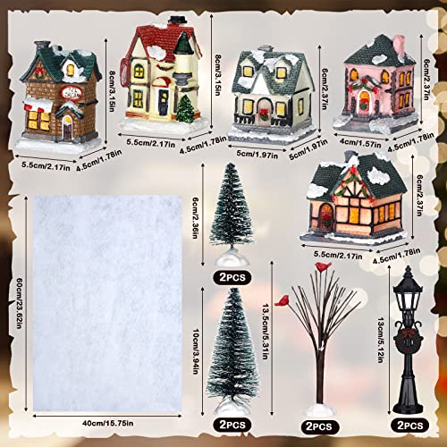 Queekay Christmas Winter Village Houses Set Christmas Miniature Resin Ornament Kits Cedar Bare Branch Tree Street Lamp Room Decor(Retro Style)
