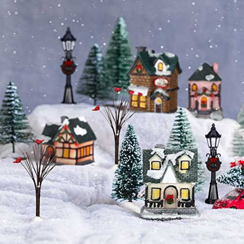 Queekay Christmas Winter Village Houses Set Christmas Miniature Resin Ornament Kits Cedar Bare Branch Tree Street Lamp Room Decor(Retro Style)