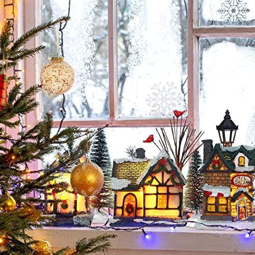 Queekay Christmas Winter Village Houses Set Christmas Miniature Resin Ornament Kits Cedar Bare Branch Tree Street Lamp Room Decor(Retro Style)
