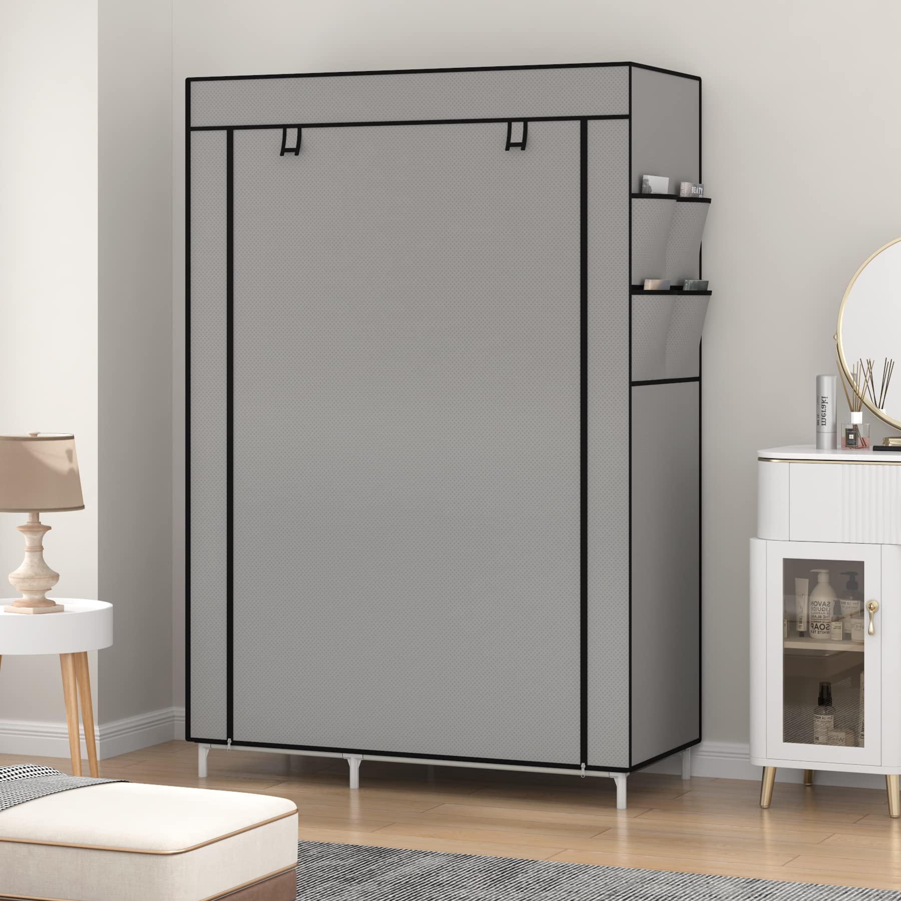 Calmootey Closet Storage Organizer,Portable Wardrobe with 6 Shelves and Clothes Rod,Non-Woven Fabric Cover with 4 Side Pockets,Grey