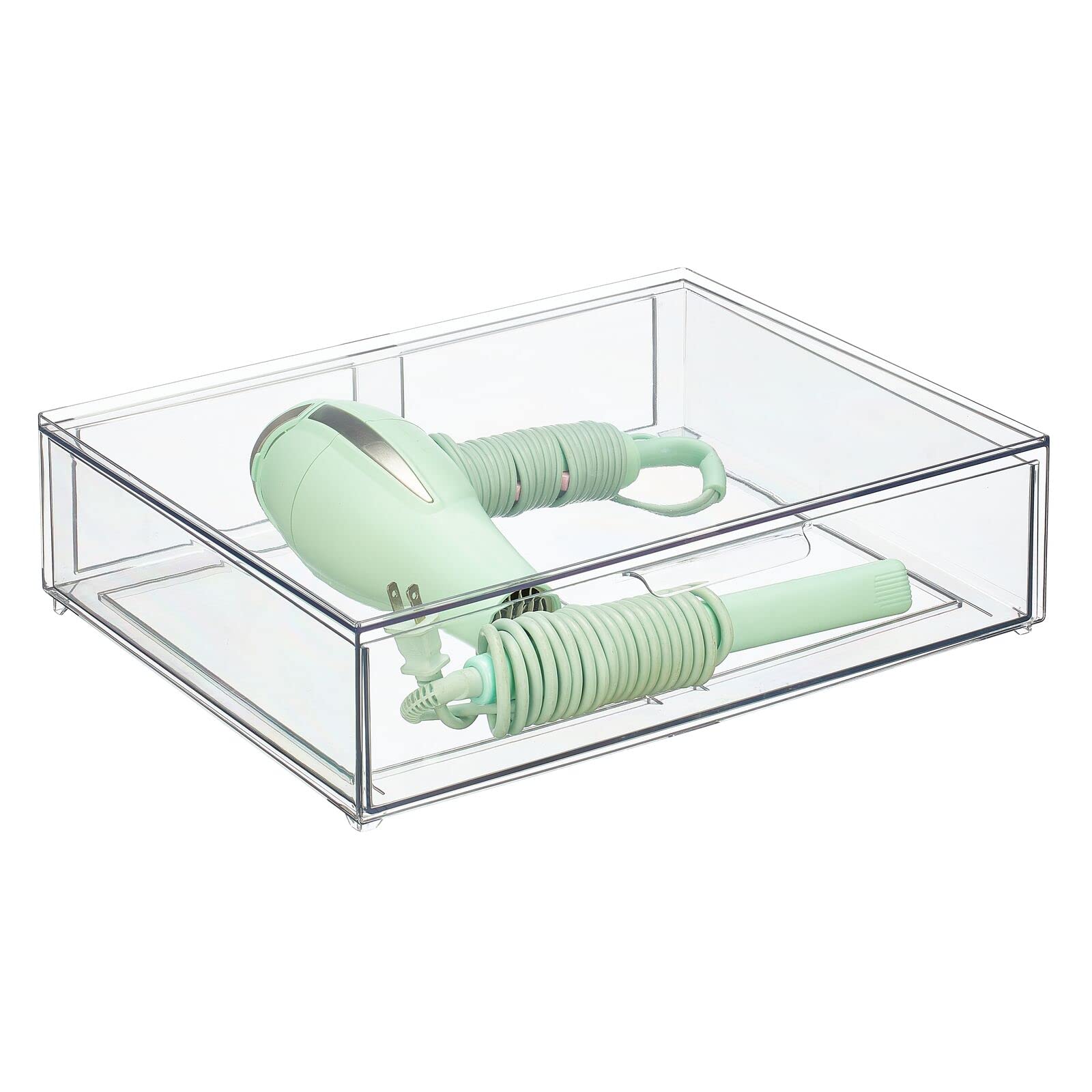 mDesign Wide Plastic Stackable Bathroom Storage Organizer Bin with Pull Out Drawer for Cabinet, Vanity, Shelf, Cupboard, Cabinet, Countertop, or Closet Organization - Lumiere Collection - Clear