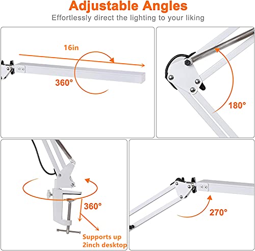 LED Desk Lamp, BZBRLZ Metal Swing Arm Lamp, Eye-Caring Architect Task Lamp, Dimmable Office Table Lamp with 3 Color Modes, 10 Brightness Levels & Adapter, Memory Function(White)