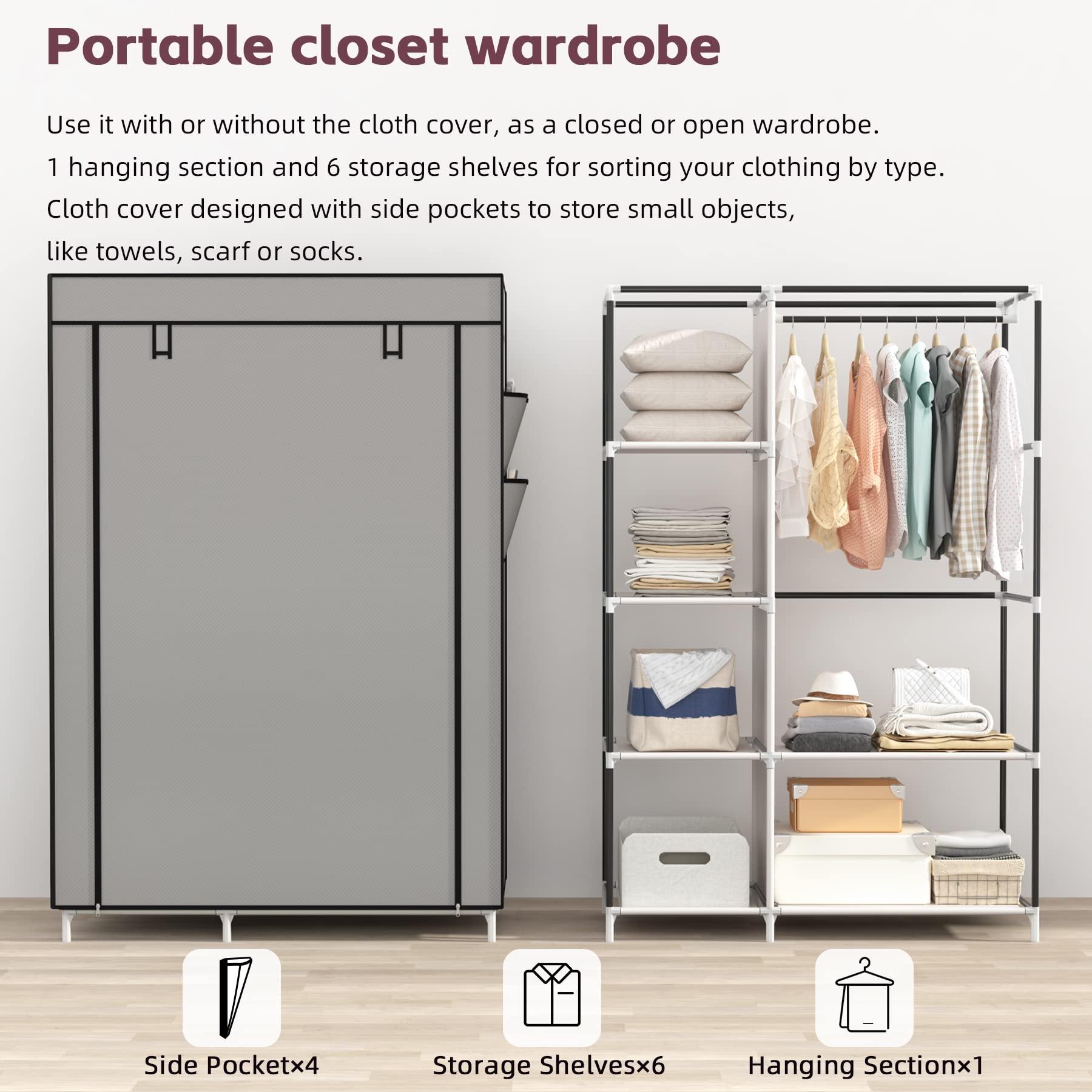Calmootey Closet Storage Organizer,Portable Wardrobe with 6 Shelves and Clothes Rod,Non-Woven Fabric Cover with 4 Side Pockets,Grey