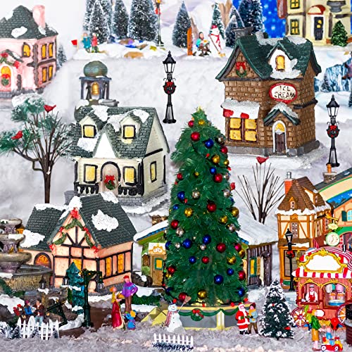 Queekay Christmas Winter Village Houses Set Christmas Miniature Resin Ornament Kits Cedar Bare Branch Tree Street Lamp Room Decor(Retro Style)