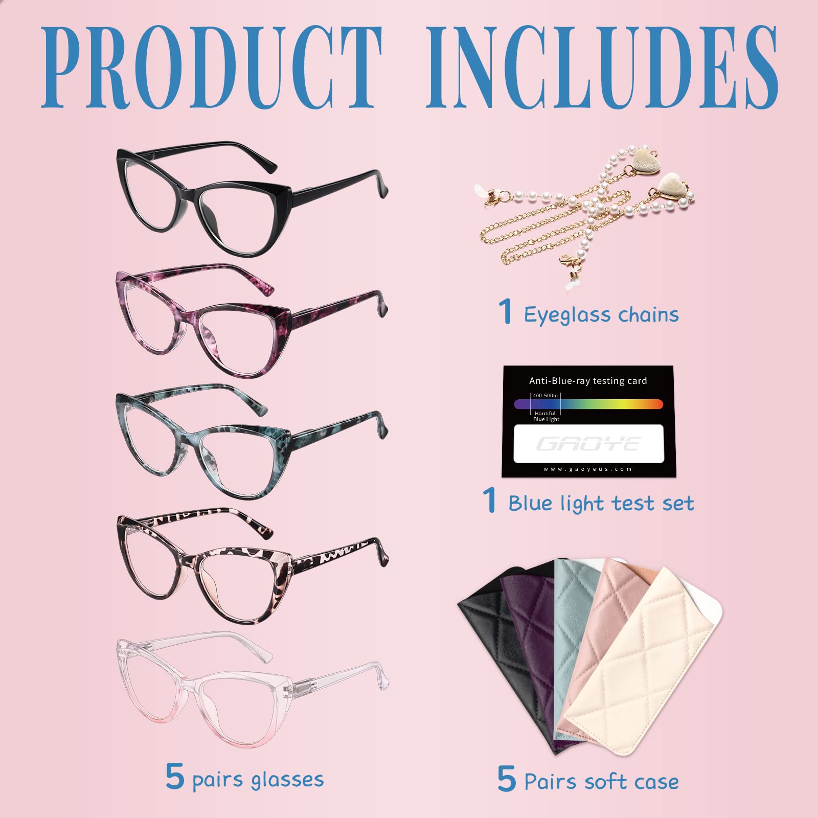 Gaoye 5 Pack Fashion Cat Eye Reading Glasses for Women, Computer Blue Light Readers Anti Glare With Eyeglasses Chain (A 5 PACK MIX, 2.75, multiplier_x)
