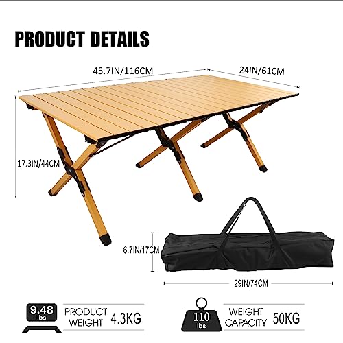 Rollingsurfer Folding Camping Table, Lightweight Roll-Up Table Aluminum Low Portable Picnic Table with Easy Carrying Bag for Outdoor, Beach, Picnic, Backyards, BBQ and Party, 45.7"L x 24"W x 17.3"H