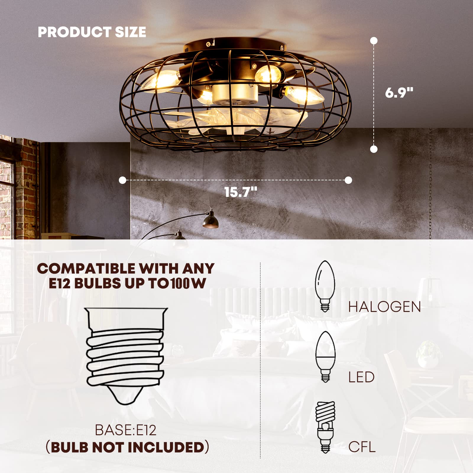 NookNova Ceiling Fan with Lights, 16 Inch Caged Ceiling Fan Lights Remote Control Small Industrial Ceiling Fan Light Fixture Flush Mount Farmhouse Light 6 Speeds Bladeless Lights for Bedroom Kitchen