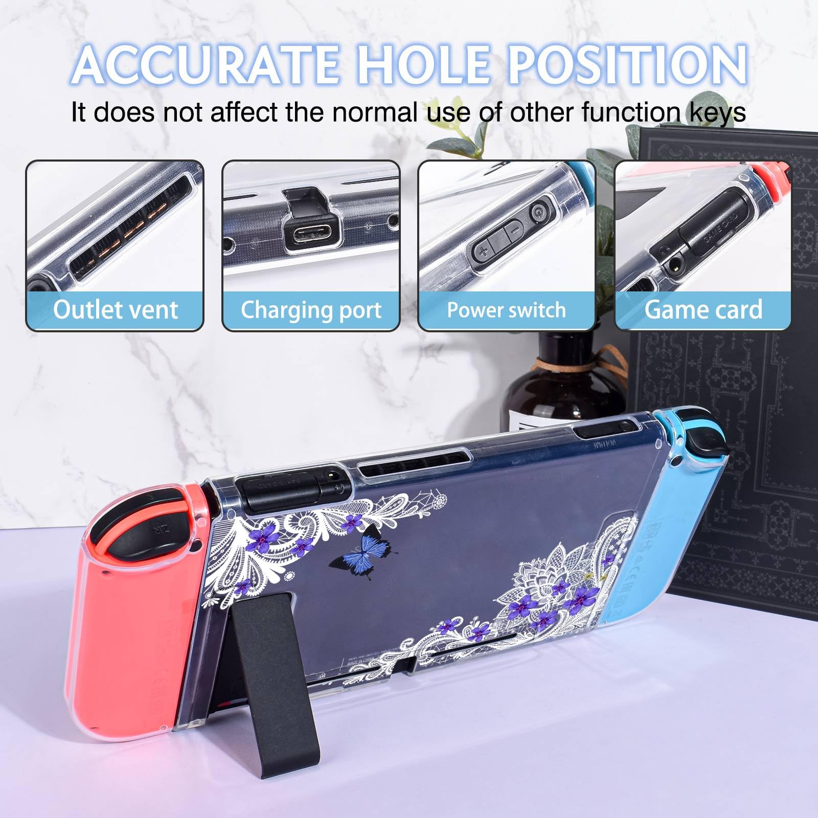 DLseego Purple Butterfly Flower Floral Switch Case 2017 Version Anti-Scratch Dockable Console Clear TPU Shell Romantic Soft Shock-Absorption Joy Con Cover For Regular Switch