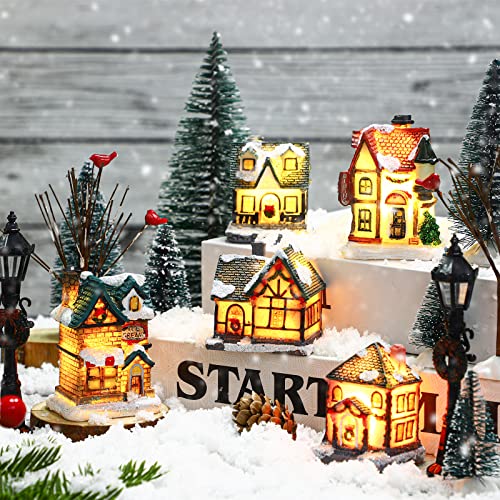 Queekay Christmas Winter Village Houses Set Christmas Miniature Resin Ornament Kits Cedar Bare Branch Tree Street Lamp Room Decor(Retro Style)