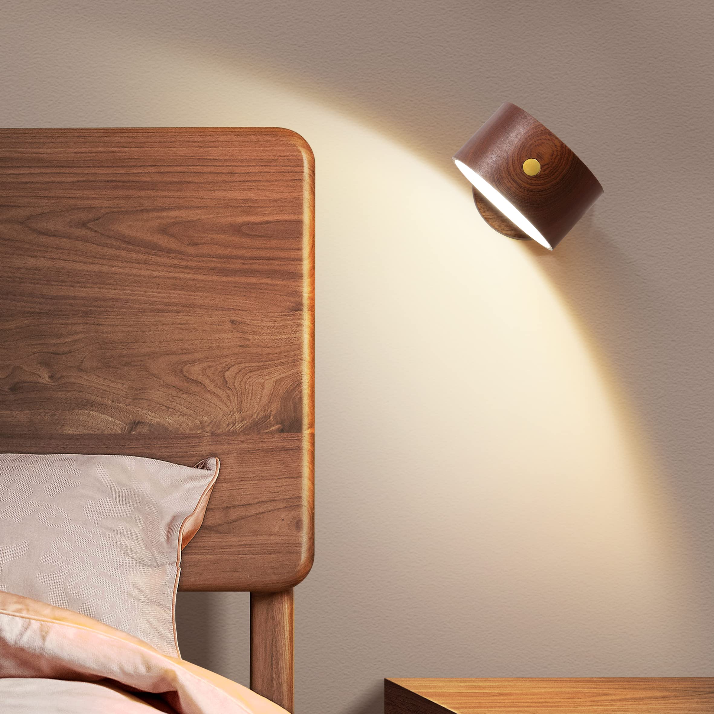 Leapair Wooden LED Wall Sconce, Wall Mounted Lamp,Wooden Night Light with Rechargeable Battery Operated 360°Rotate Magnetic Ball, Cordless Wall Light for Reading