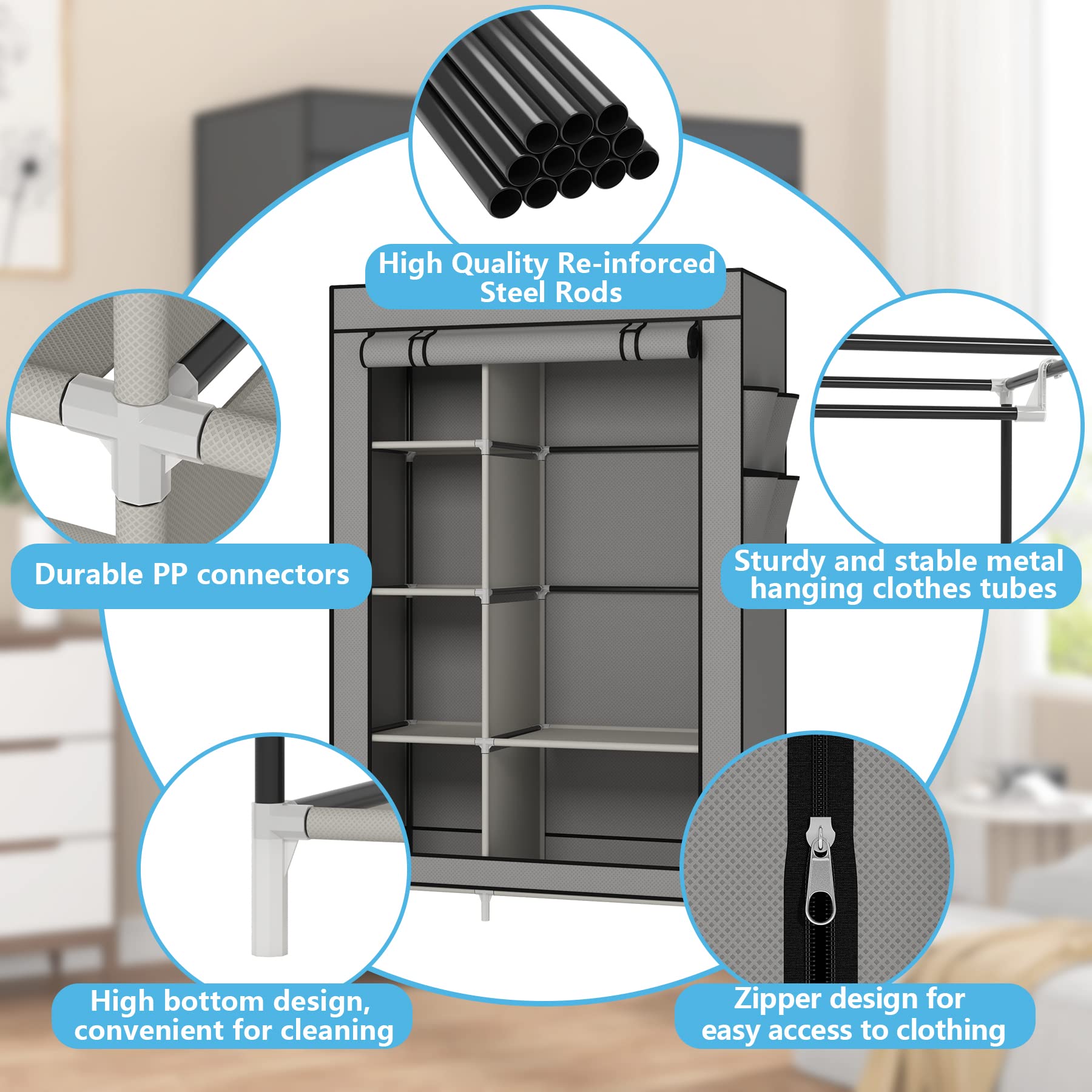 Calmootey Closet Storage Organizer,Portable Wardrobe with 6 Shelves and Clothes Rod,Non-Woven Fabric Cover with 4 Side Pockets,Grey