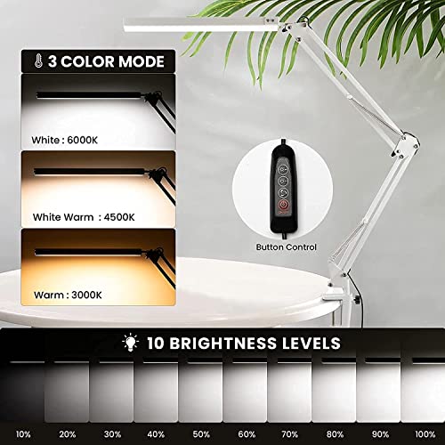 LED Desk Lamp, BZBRLZ Metal Swing Arm Lamp, Eye-Caring Architect Task Lamp, Dimmable Office Table Lamp with 3 Color Modes, 10 Brightness Levels & Adapter, Memory Function(White)