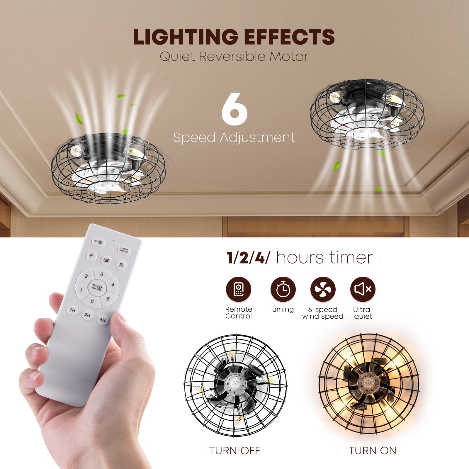 NookNova Ceiling Fan with Lights, 16 Inch Caged Ceiling Fan Lights Remote Control Small Industrial Ceiling Fan Light Fixture Flush Mount Farmhouse Light 6 Speeds Bladeless Lights for Bedroom Kitchen