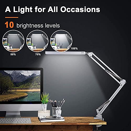LED Desk Lamp, BZBRLZ Metal Swing Arm Lamp, Eye-Caring Architect Task Lamp, Dimmable Office Table Lamp with 3 Color Modes, 10 Brightness Levels & Adapter, Memory Function(White)