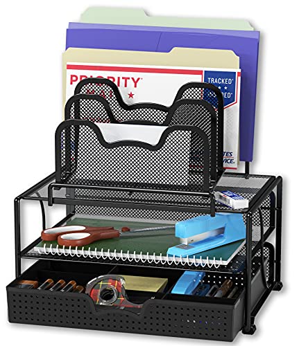 SimpleHouseware Mesh Desk Organizer with Sliding Drawer, Double Tray and 5 Stacking Sorter Sections, Black