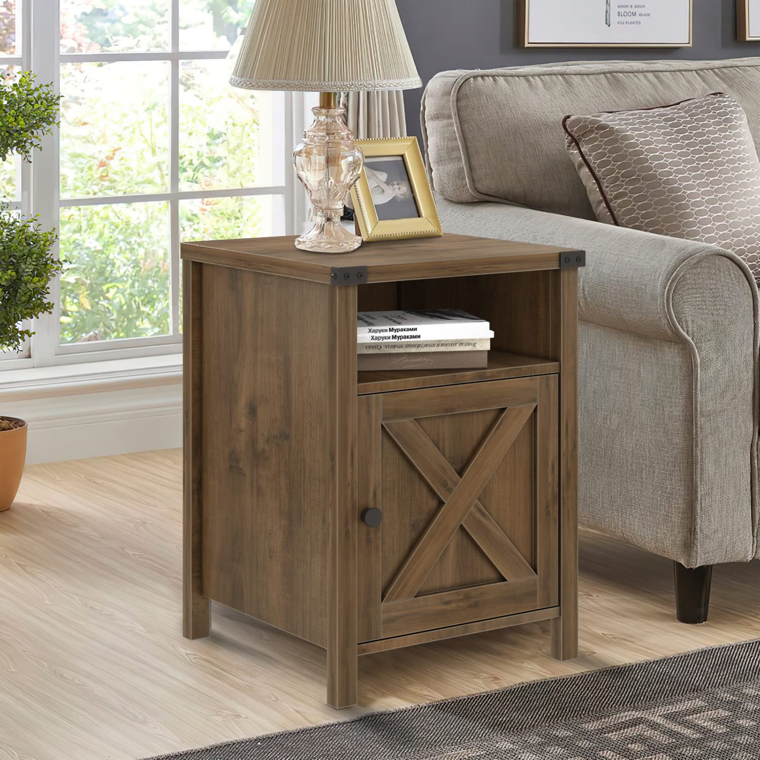 Catrimown Farmhouse, End Table, Nightstand, Side Table, Set of 2 End Table with Barn Door and Shelf, Rustic Oak Nightstand Set of 2, Bed Side Table End Tables for Living Room, Bedroom Room, Oak