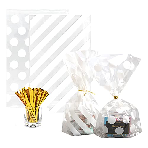 SQian 100pcs Gusseted cellophane Bags White Polka Dot Cookie Bags and Striped Plastic Candy Bags (Size 5"x8"x1.8")with gold Twist Ties , Best Gusset Bag for Presenting Packaged Treats, Candy, Popcorn etc.