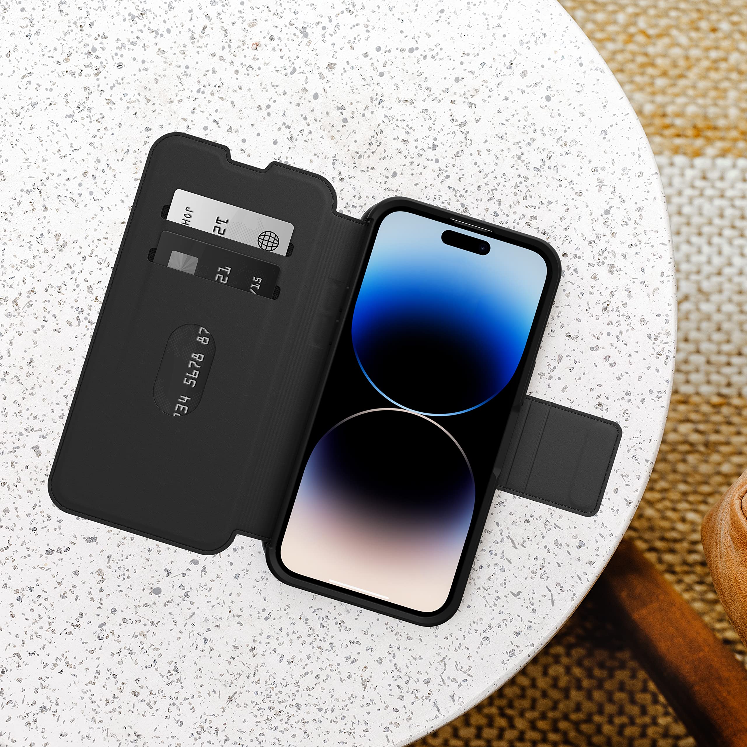 OtterBox iPhone 14 Pro Max (ONLY) Strada Series Case - SHADOW (Black), card holder, genuine leather, pocket-friendly, folio case