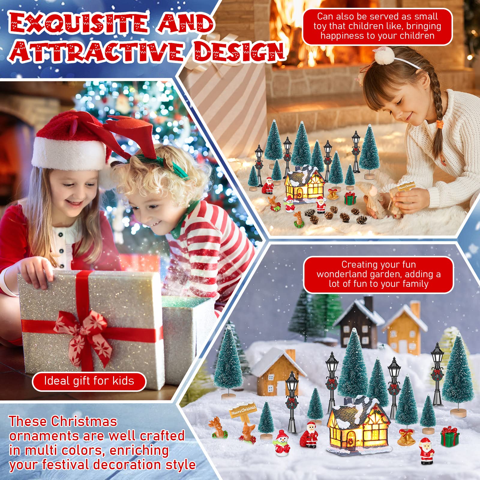 43 Pieces Christmas Village Sets Miniature Ornaments Resin Miniature Garden Dollhouse Mini Street Light Models Small Pine Tree with Wooden Bases Tabletop Xmas Ornaments Resin Snowman Santa Figurines
