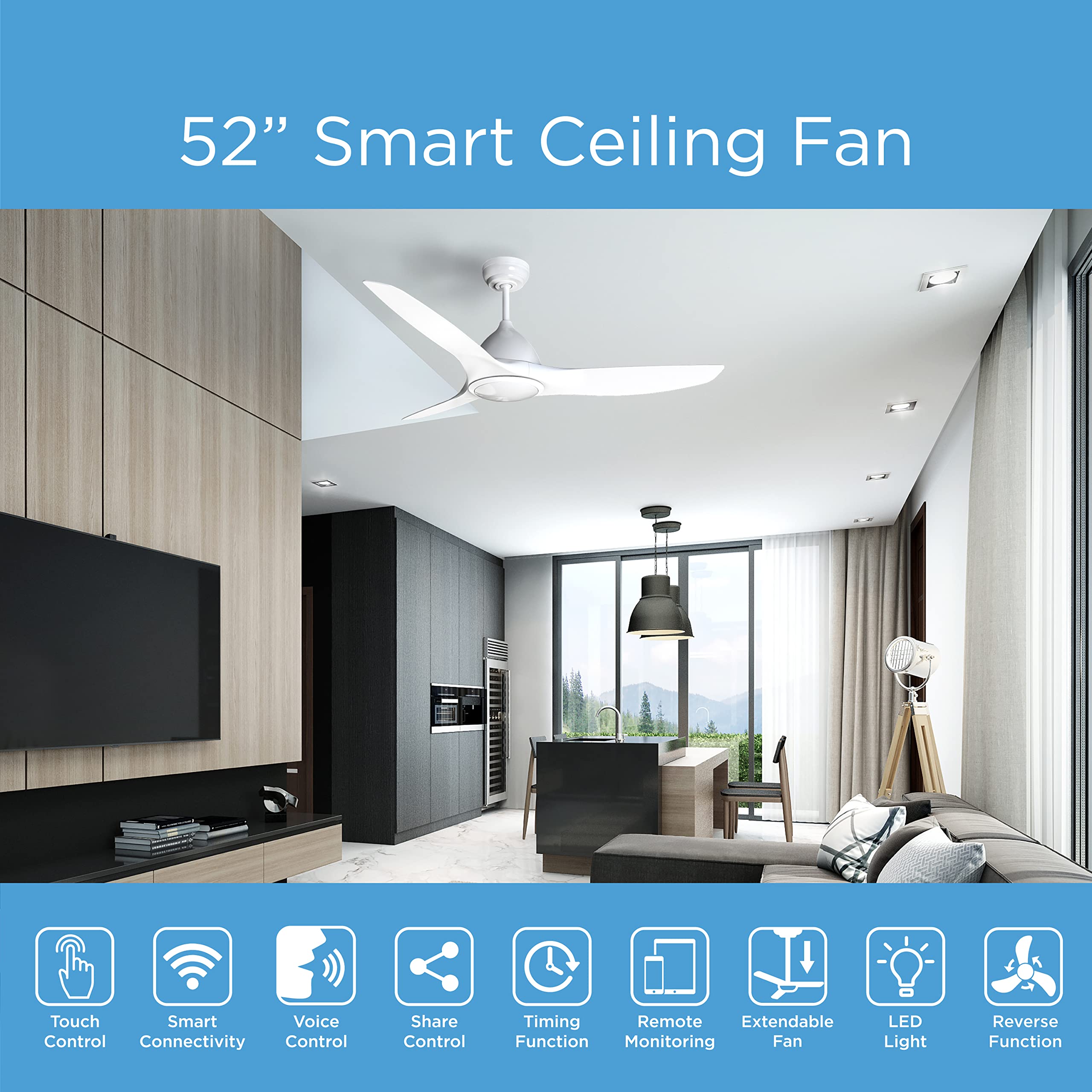 Promounts Modern All Seasons 52" Smart Ceiling Fan with Reverse Airflow, Led Lights, 3 Blades, 3 Color Temperatures, 6 Speeds, Voice App Control Compatible with Alexa/Google for Office and Home