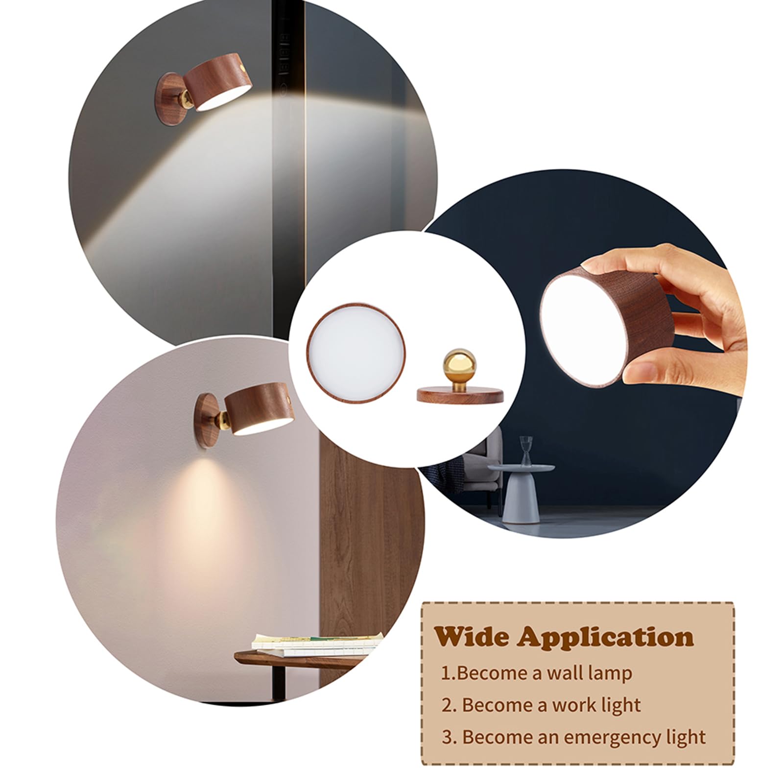 Leapair Wooden LED Wall Sconce, Wall Mounted Lamp,Wooden Night Light with Rechargeable Battery Operated 360°Rotate Magnetic Ball, Cordless Wall Light for Reading