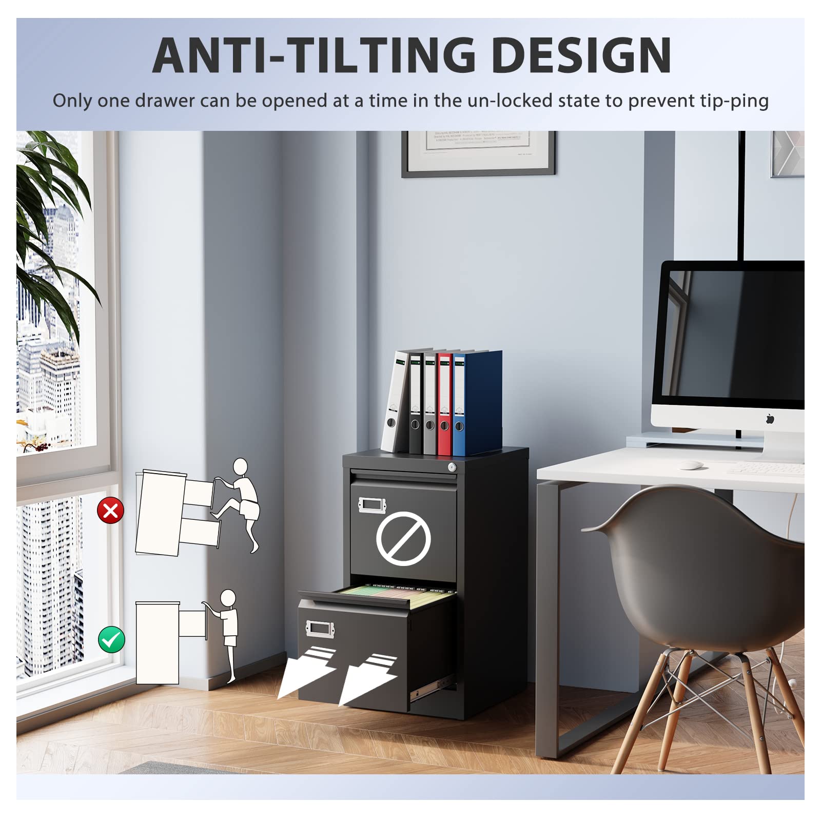 Anxxsu 2 Drawer File Cabinet, Filing Cabinets for Home Office, Metal Vertical File Storage Cabinet with Lock, Locking File Cabinet for A4 Legal/Letter, 15.1" W x 17.7" D x 28.7" H, Assembly Required
