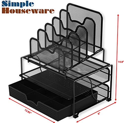 SimpleHouseware Mesh Desk Organizer with Sliding Drawer, Double Tray and 5 Stacking Sorter Sections, Black