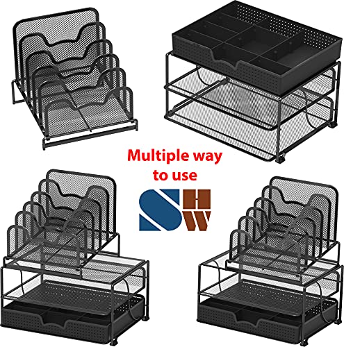 SimpleHouseware Mesh Desk Organizer with Sliding Drawer, Double Tray and 5 Stacking Sorter Sections, Black