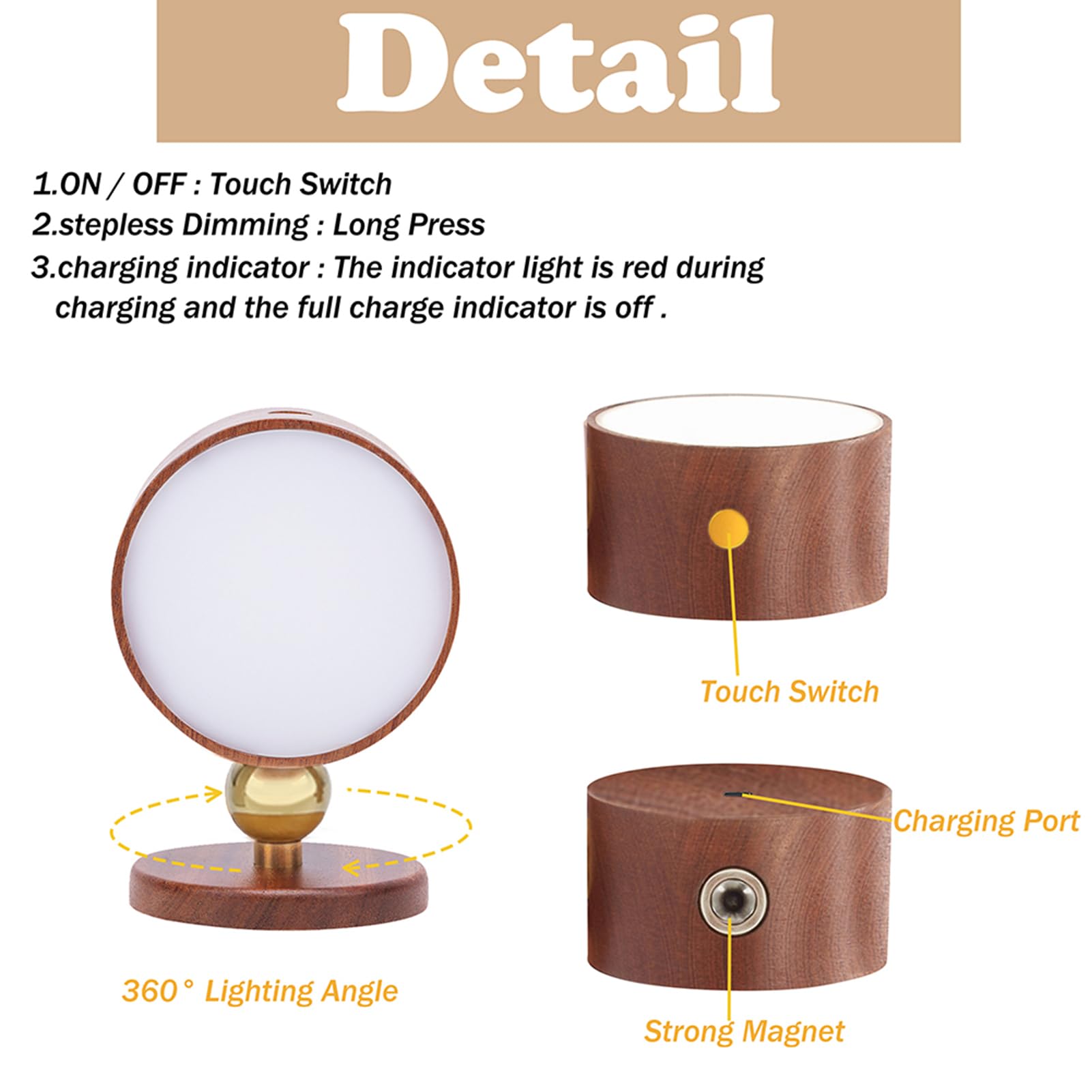 Leapair Wooden LED Wall Sconce, Wall Mounted Lamp,Wooden Night Light with Rechargeable Battery Operated 360°Rotate Magnetic Ball, Cordless Wall Light for Reading